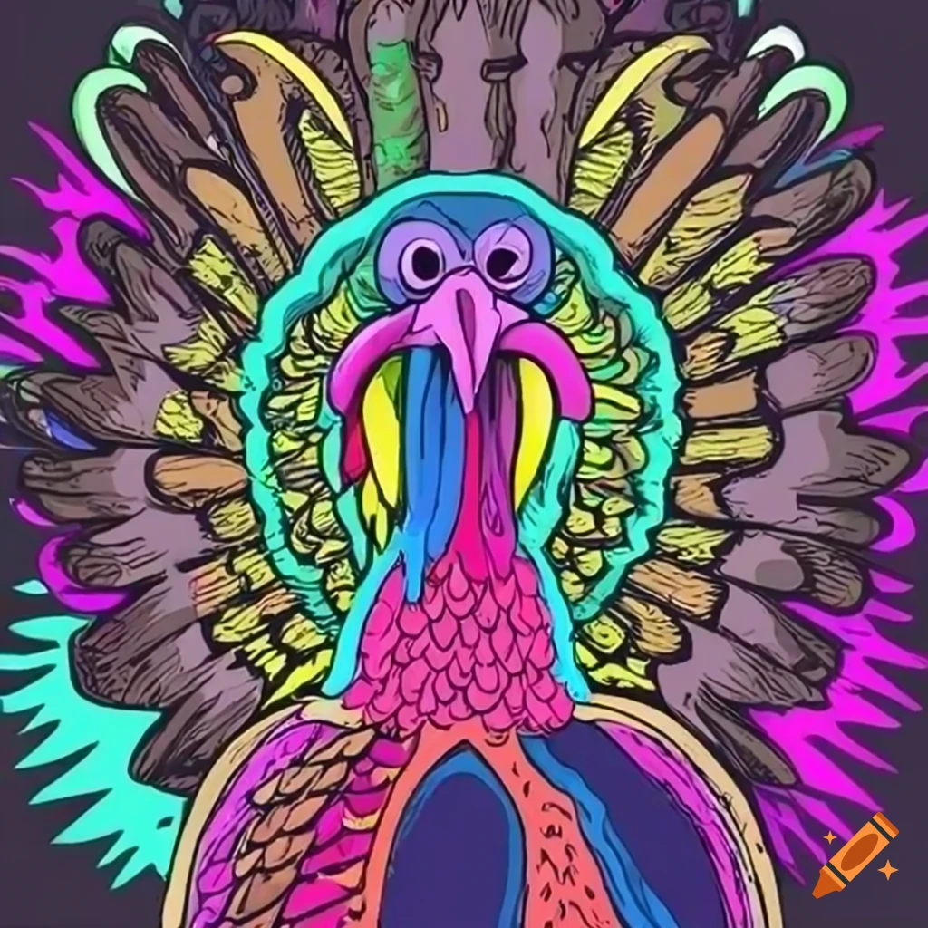 Psychedelic neon colored turkey design for thanksgiving