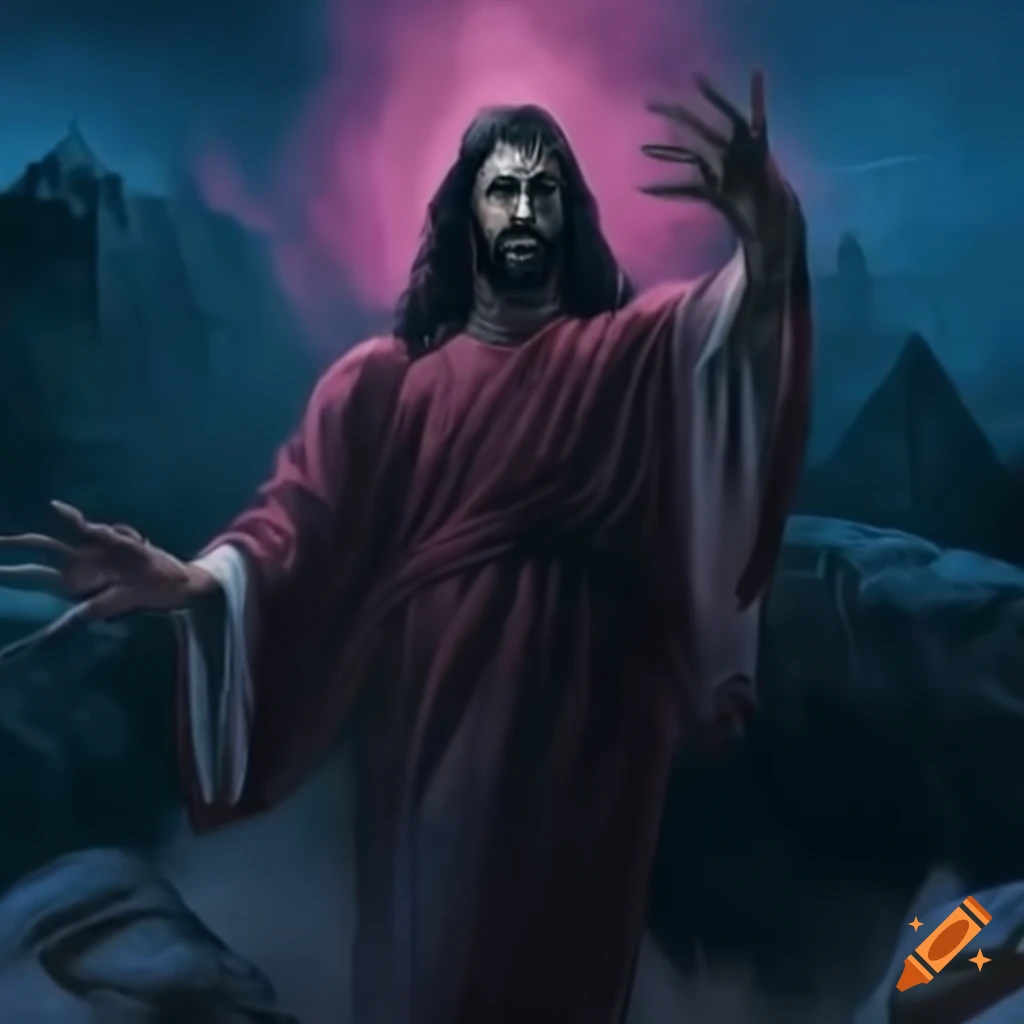 Action scene with Jesus and his allies fighting vampires on Craiyon