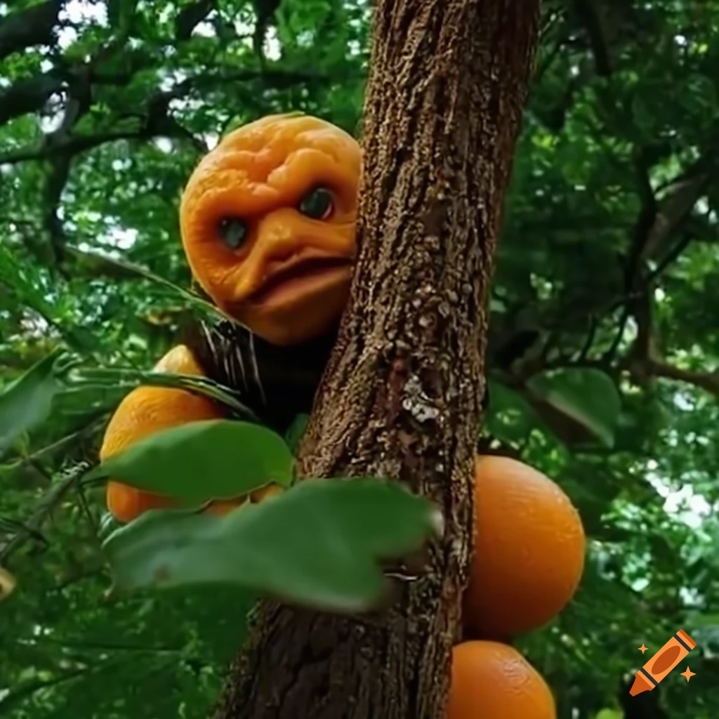 Hyper realistic artwork of a decaying orange fruit tree monster on Craiyon