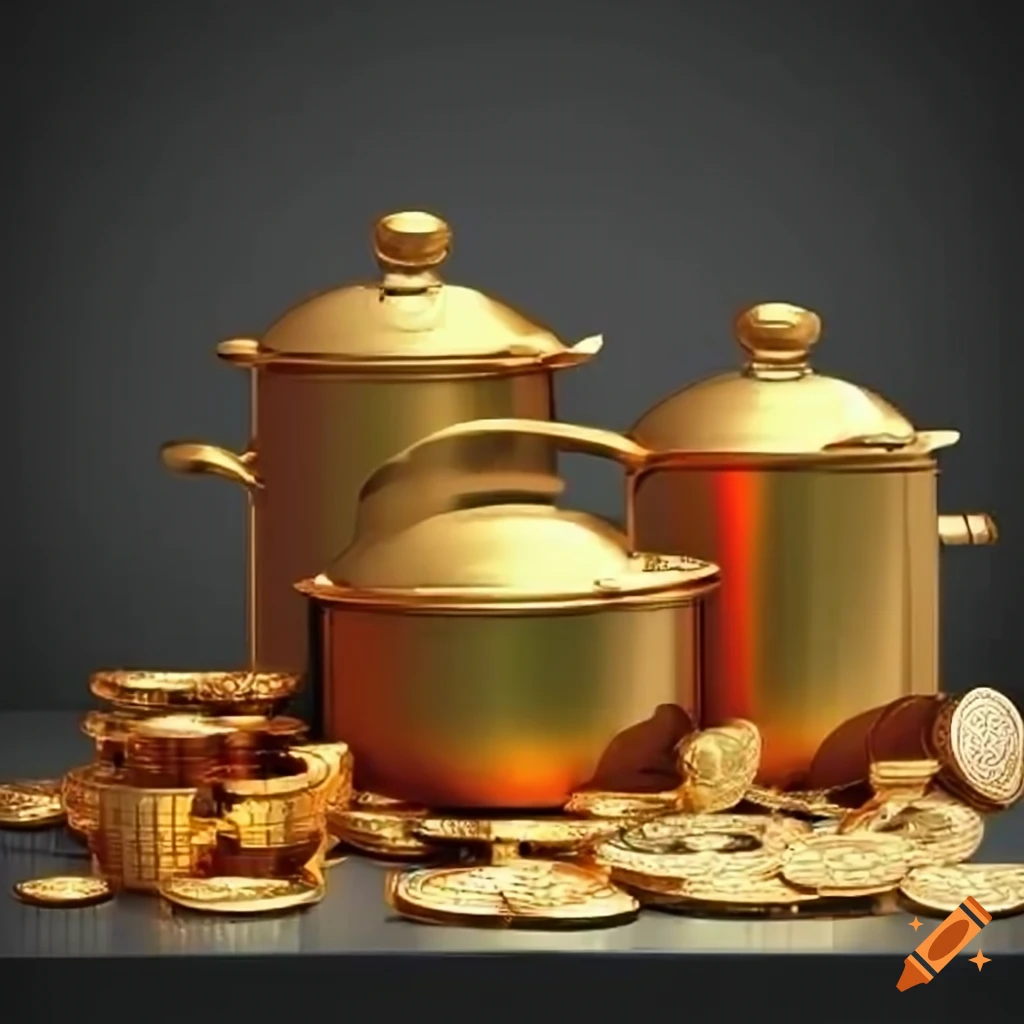 Luxurious kitchen with golden stove and cooking pots on Craiyon