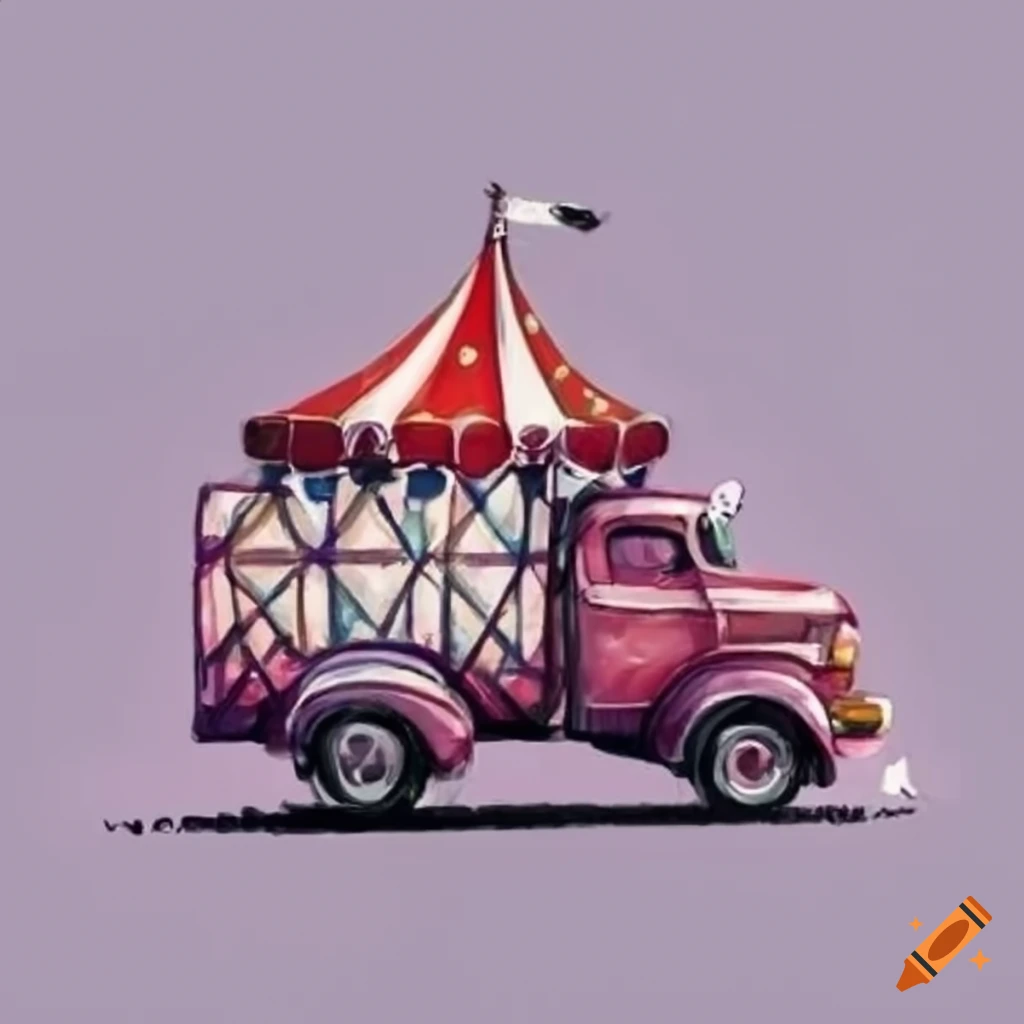 Colorful illustration of a circus-themed truck and trailer in a magical ...