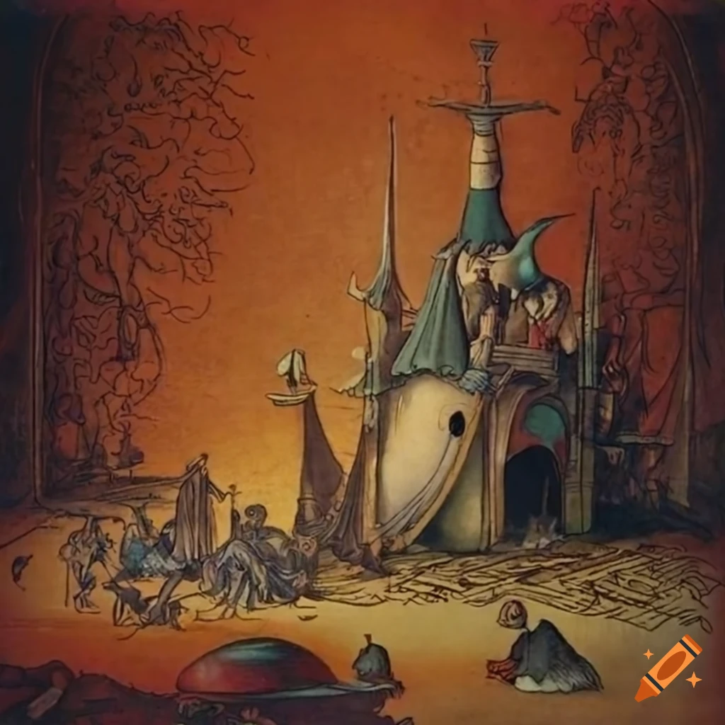 Four figures in a clandestine university chamber captured in an oil ...