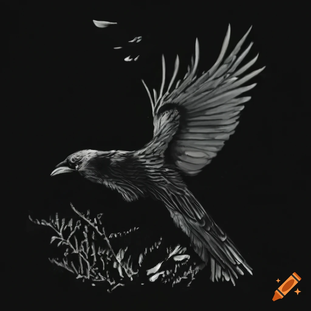 Raven in flight holding juniper branch on Craiyon