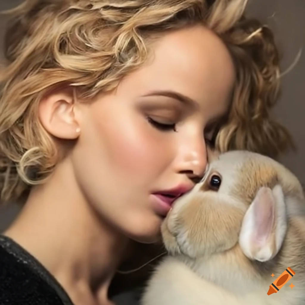Jennifer lawrence cuddling a fluffy bunny on Craiyon