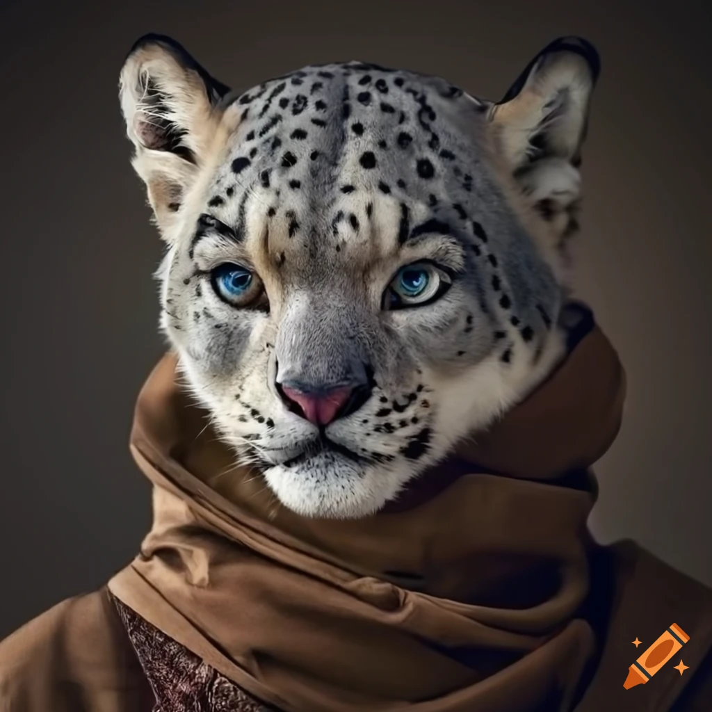 Portrait of a snow leopard-inspired Tabaxi rogue character on Craiyon