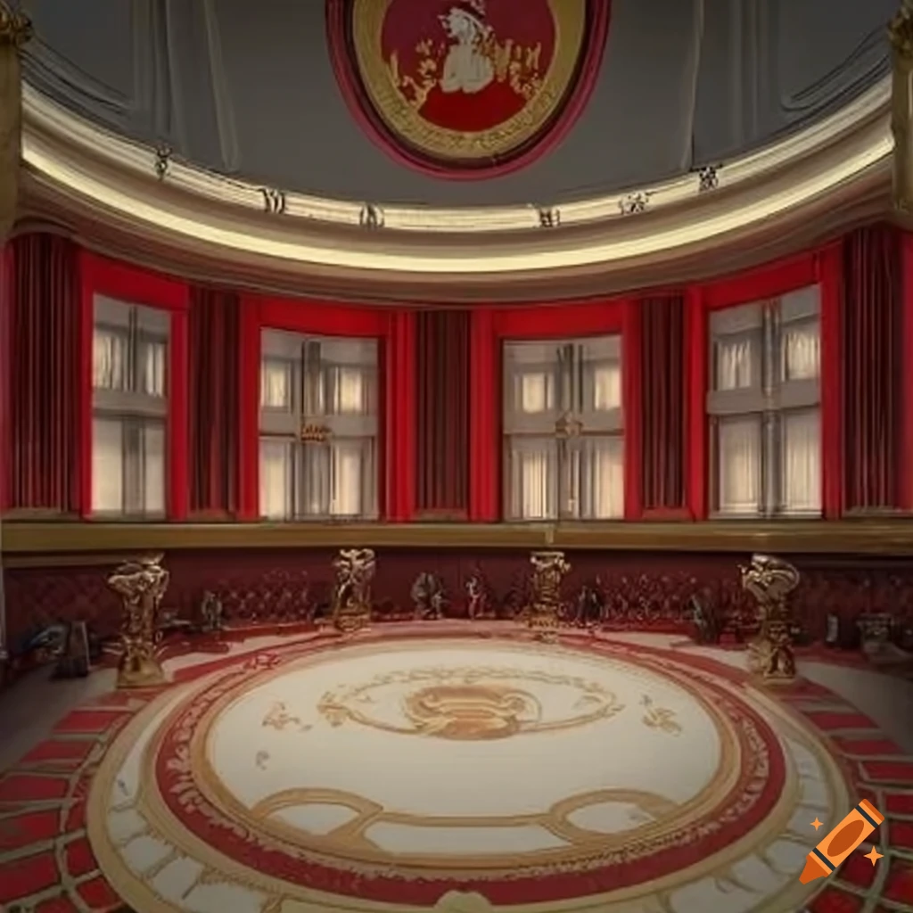 Round meeting room with Roman pillars and decorative banners on Craiyon