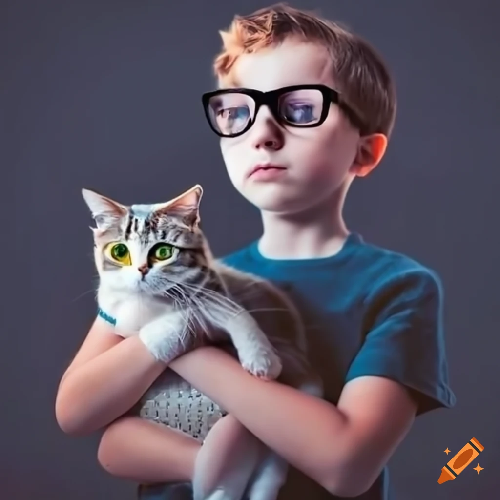 Nerd kid holding a cat and a keyboard