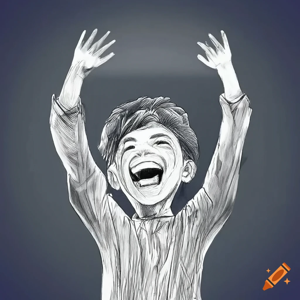 Black and white sketch of a laughing child