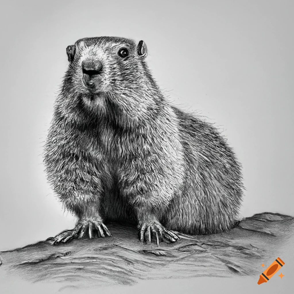 Realistic pencil drawing of a marmot in nature
