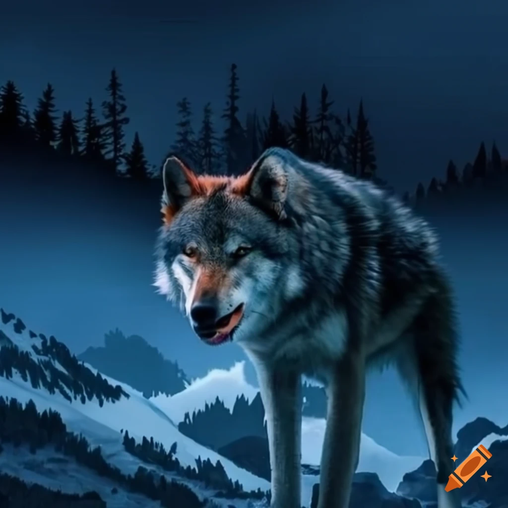 Wolf in the mountains at night