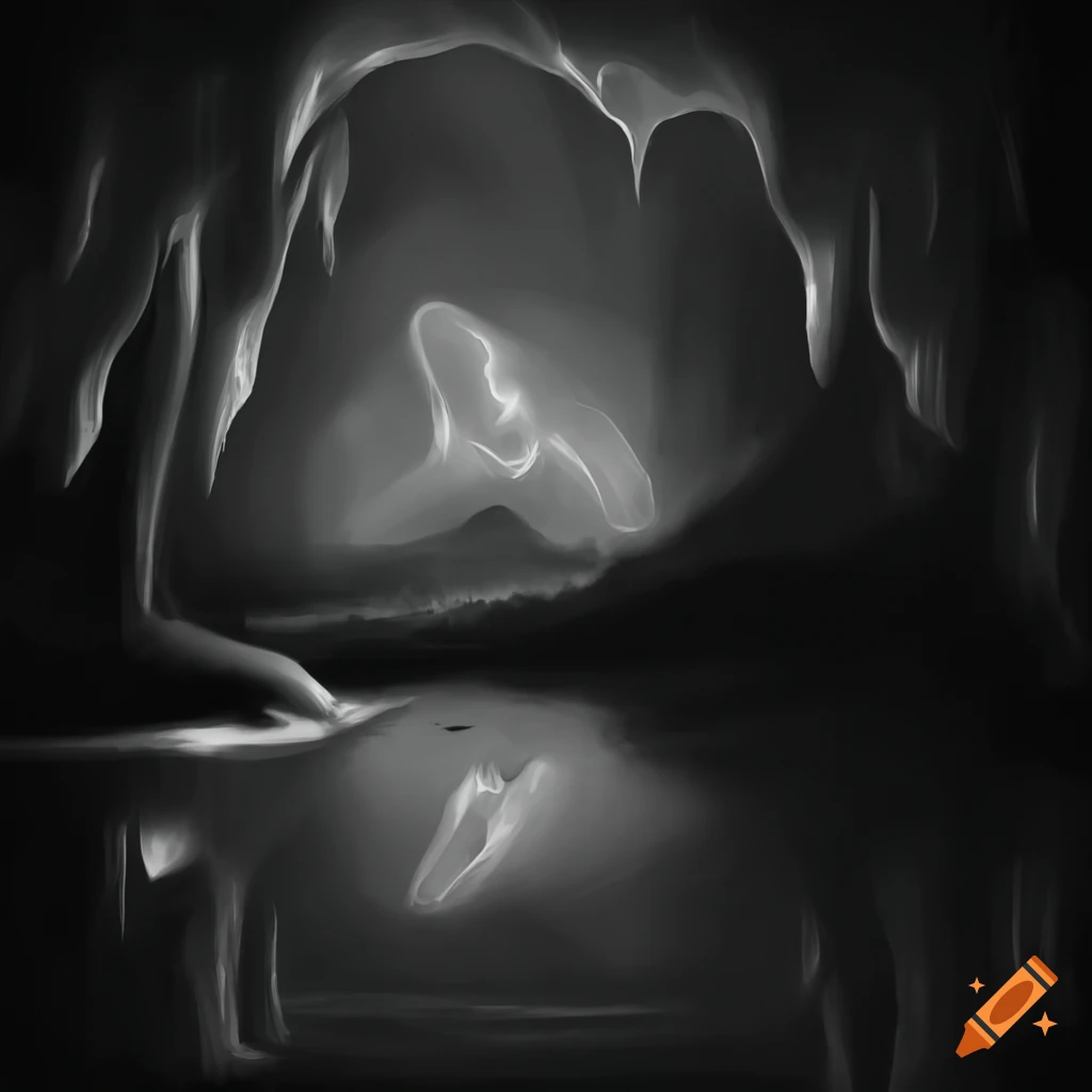 Black and white expressionist artwork of a luminous lake in a cave on ...