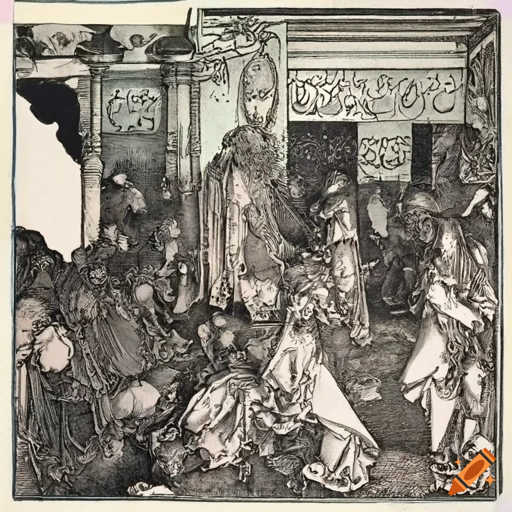 Stone lithograph of aladdin and the genie with islamic calligraphy on ...