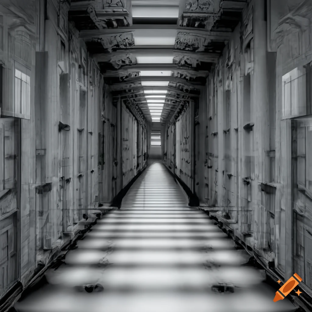 Black and white shot of a hallway in zeche zollverein on Craiyon