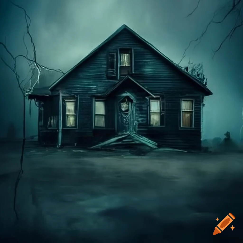 A dark grunge house in a thunderstorm on Craiyon