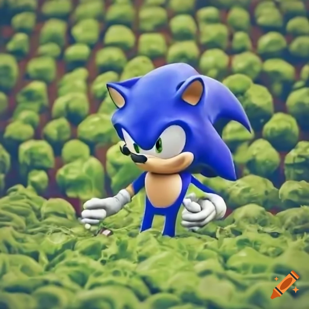 Illustration of sonic the hedgehog eating lettuce on Craiyon