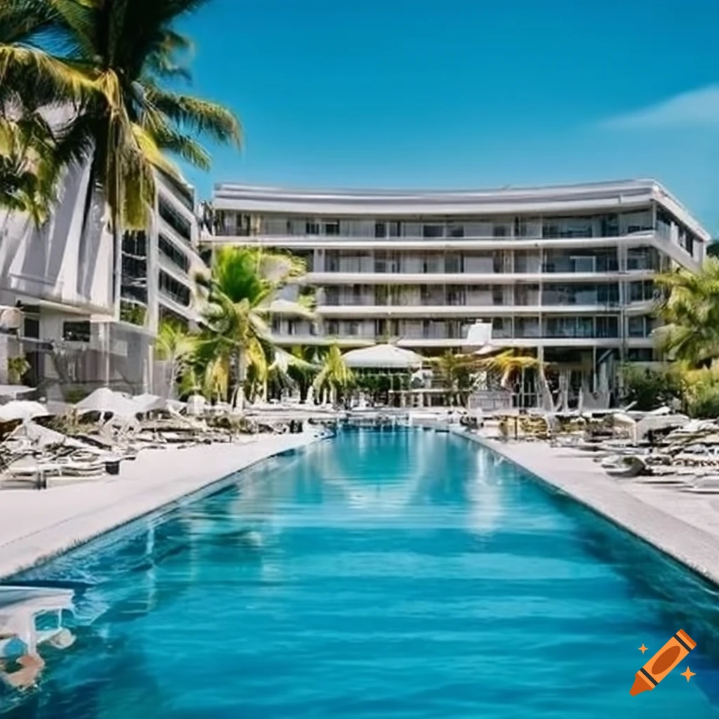 Luxurious modern hotel with gym, swimming pool, and private beach