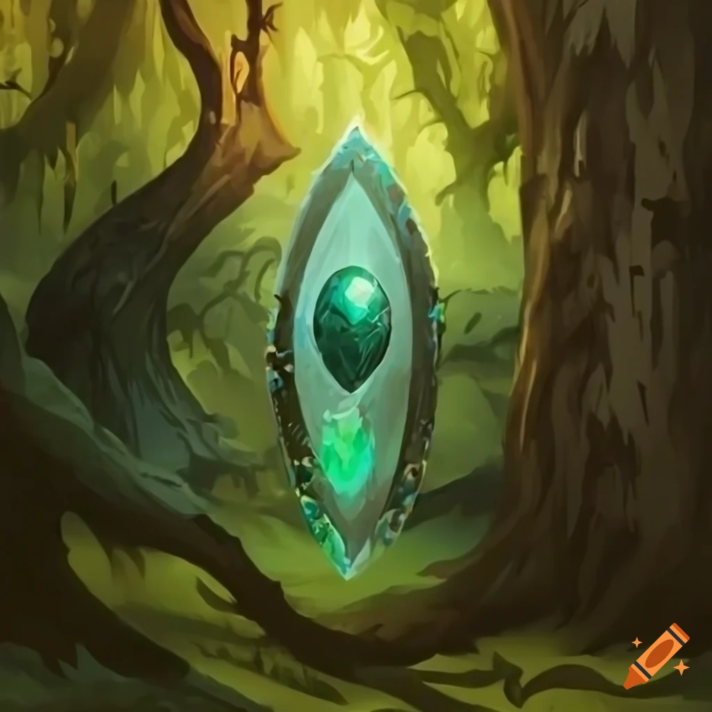 Epic forest landscape with a gem shield on a trunk on Craiyon