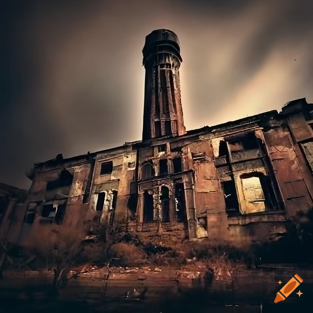 Abandoned brick and sandstone buildings sinking into water in thick fog ...
