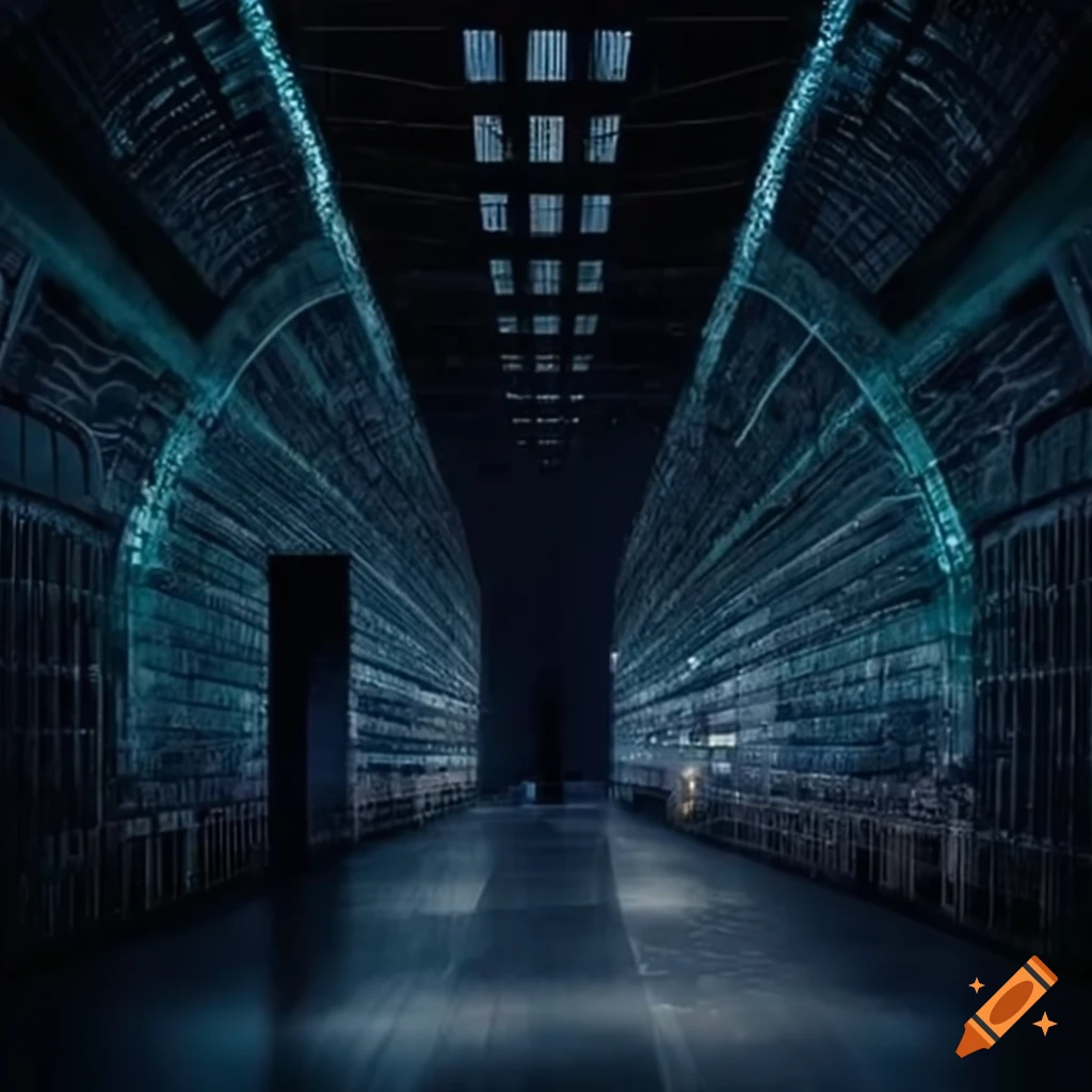 Factory scene with detailed cable containment structures on the ceiling ...