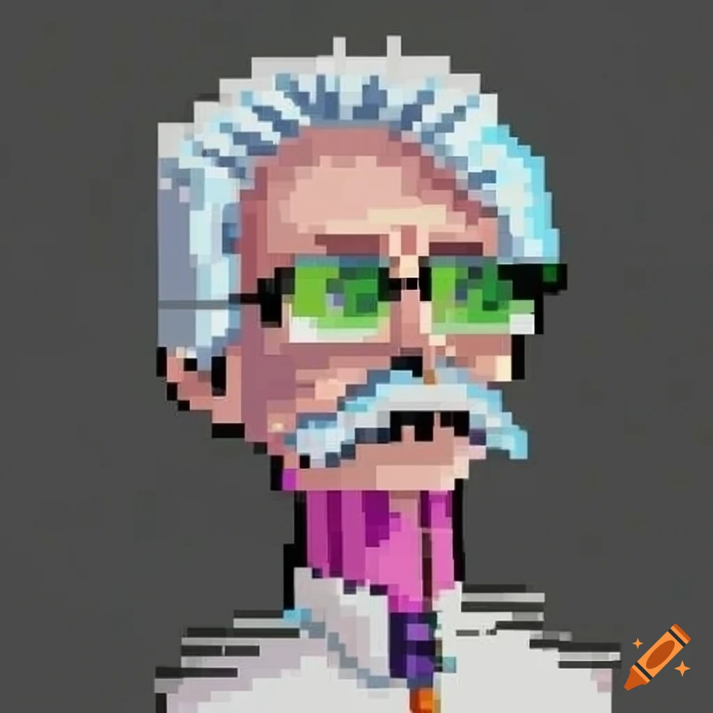 Pixel art of a mad scientist with disheveled white hair on Craiyon