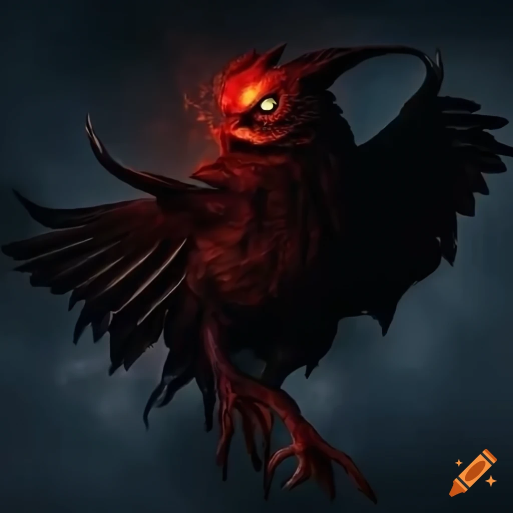 Dark fantasy artwork of a one-eyed raven creature flying over a tower ...