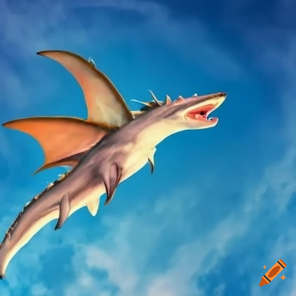 Pencil drawing of a shark-like dragon in the sky on Craiyon