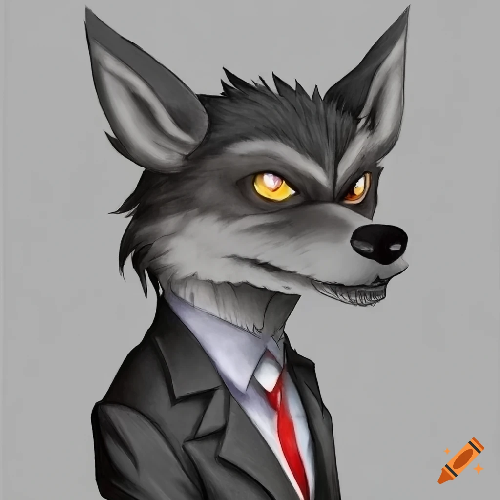 Detailed pencil drawing of a serious wolf in business attire on Craiyon