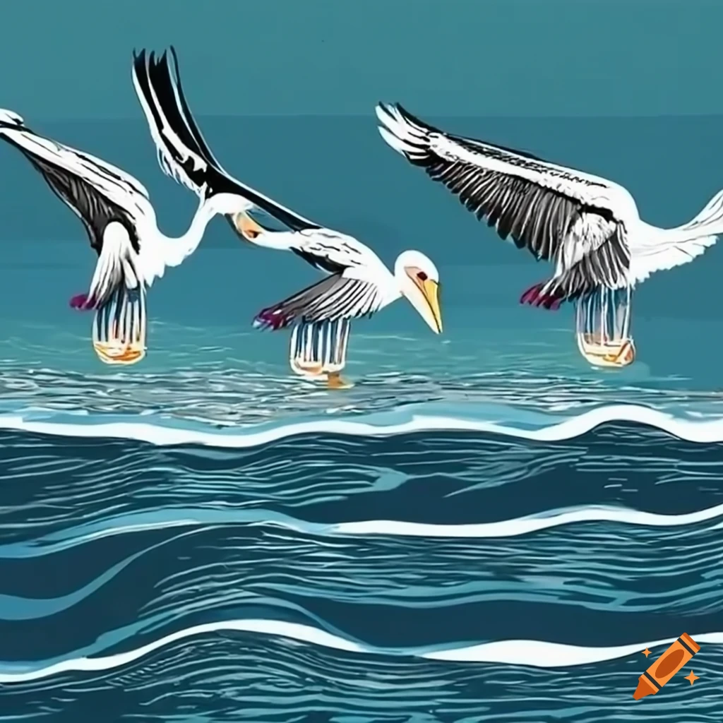 Flock of pelicans flying over the sea on Craiyon