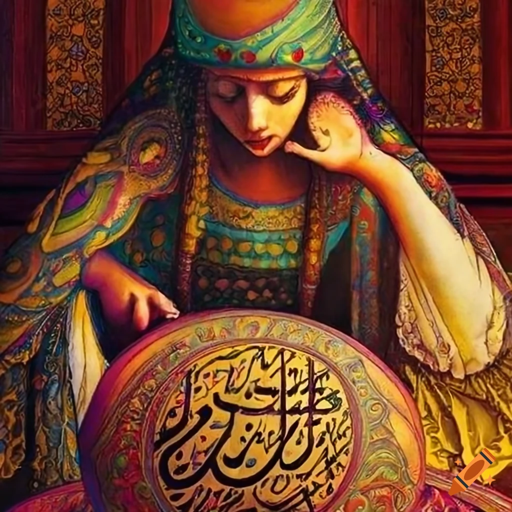 Woman in traditional persian dress typing on laptop in a persian ...