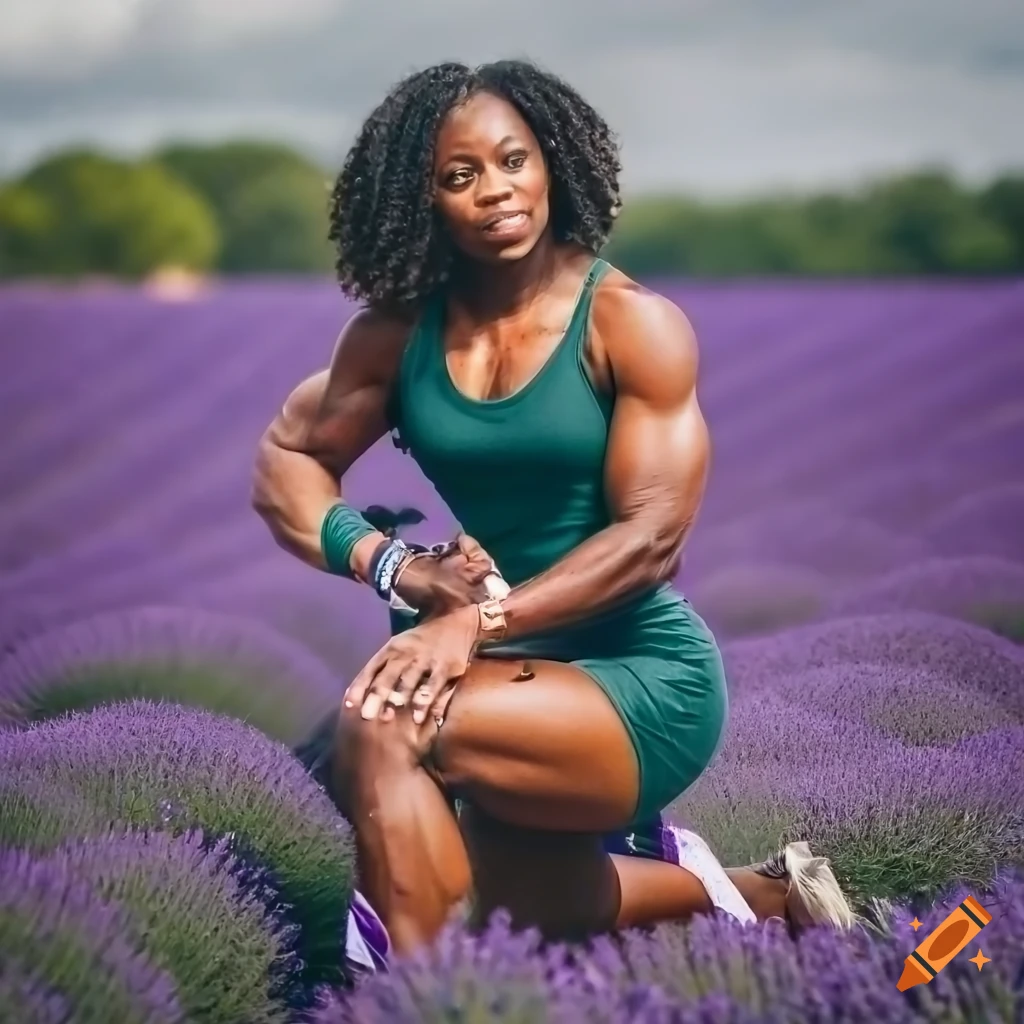 Muscular african woman in a white suit surrounded by lavender fields on ...