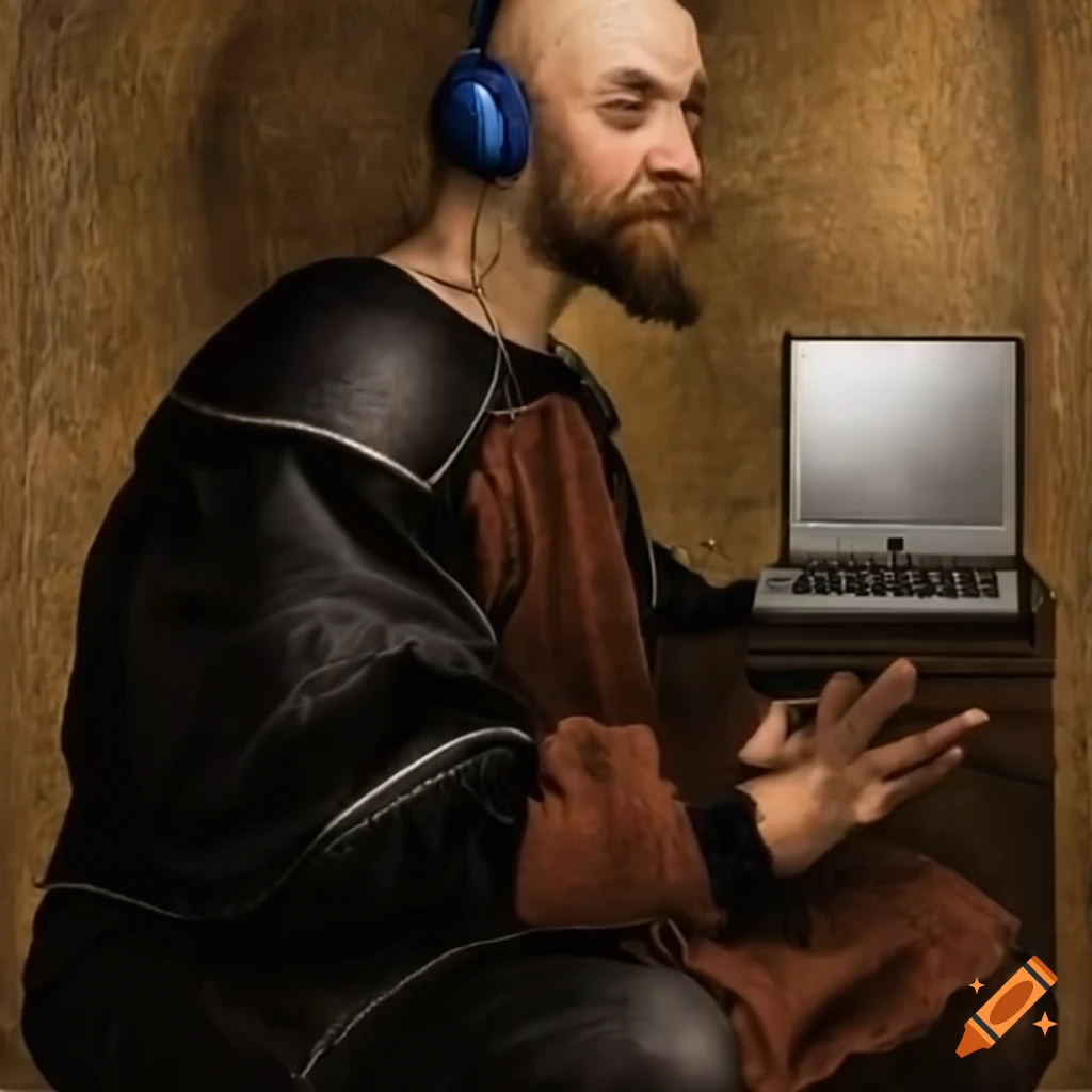 Conceptual art of a bearded man with a computer monitor sphere on Craiyon