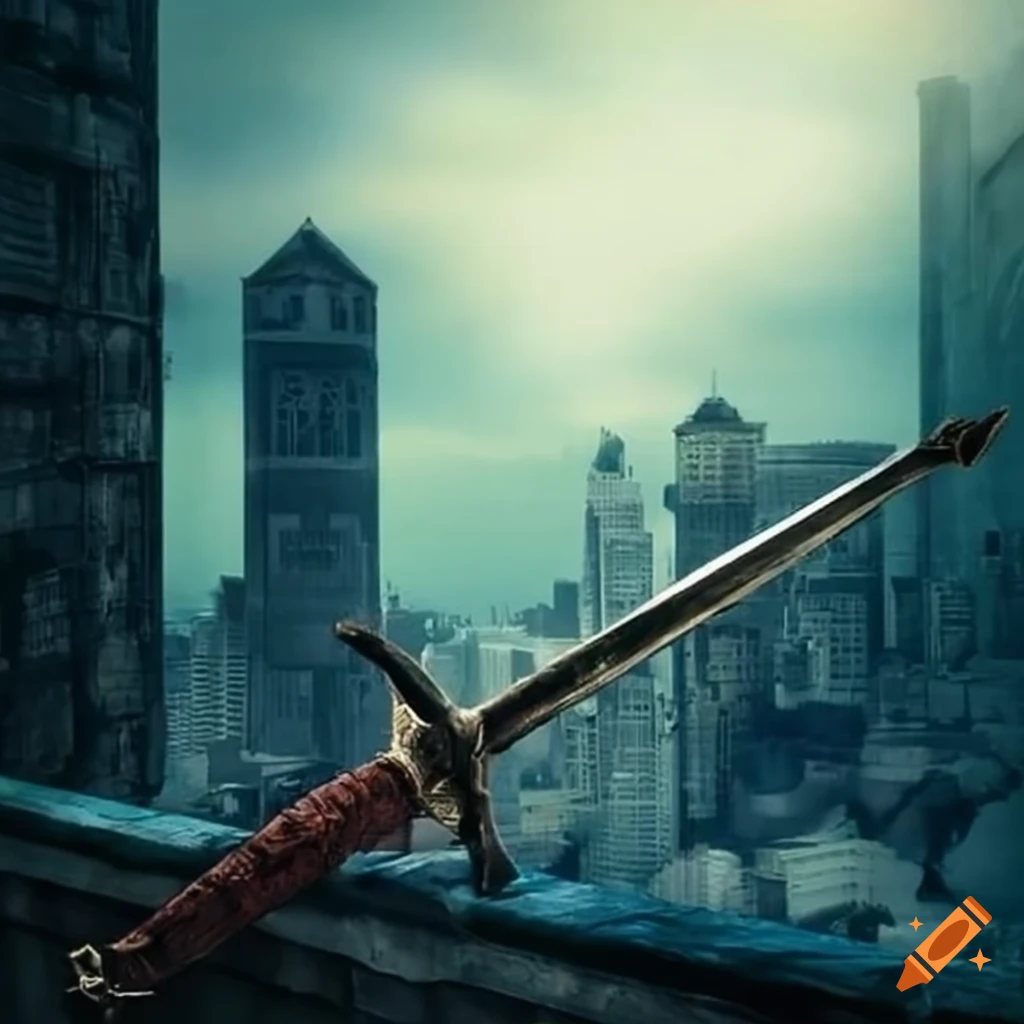 Sword resting on a city rooftop on Craiyon