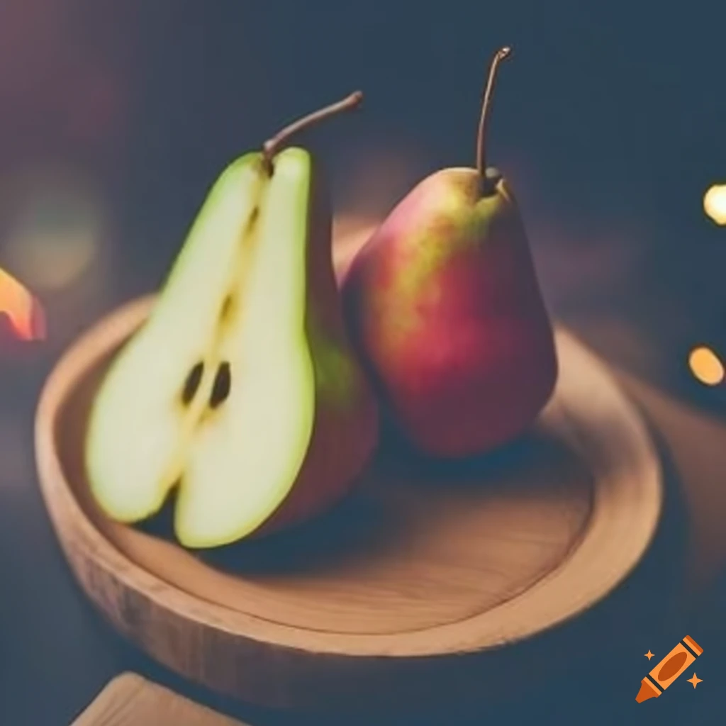 Cut pear on a wooden plate