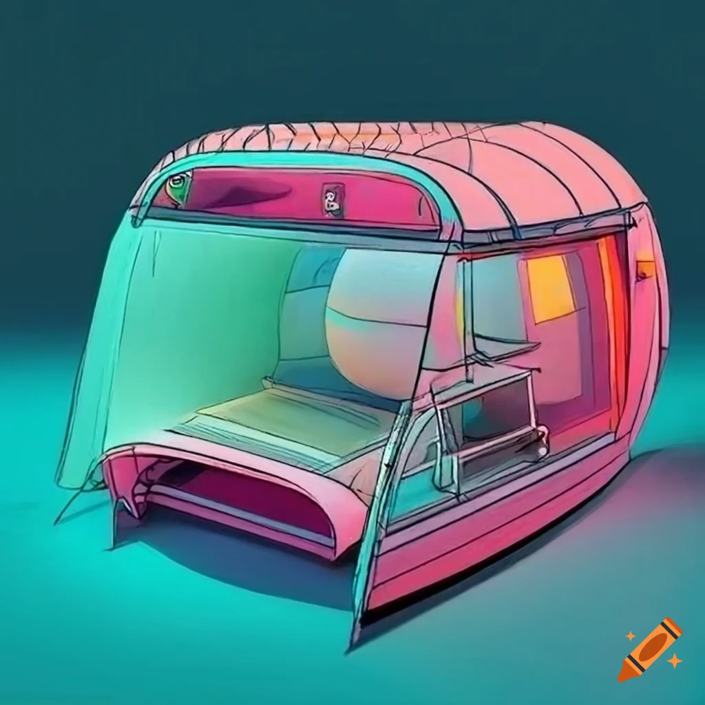 Technical drawing of a Japanese retro futuristic modular camper tent on Craiyon