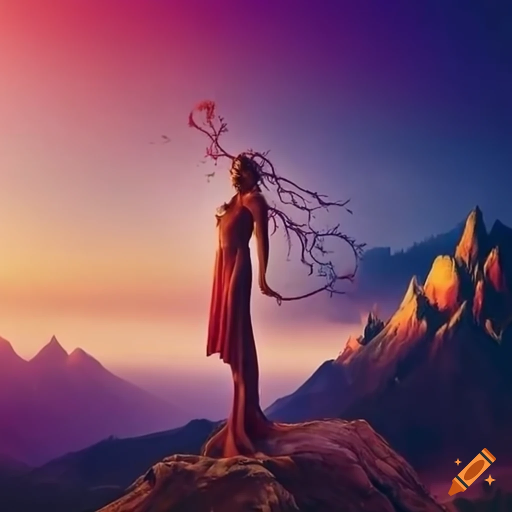 Image of a powerful goddess with mountains in the background