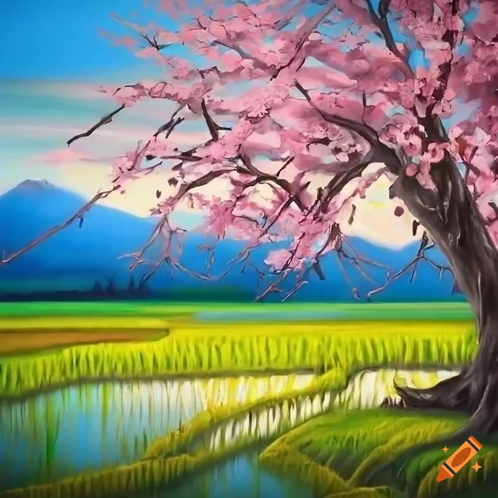 Detailed japanese rice field landscape with sakura tree branches
