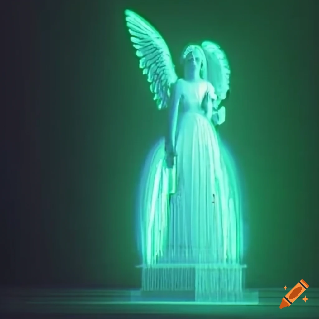 Double exposure of an angel statue and matrix code