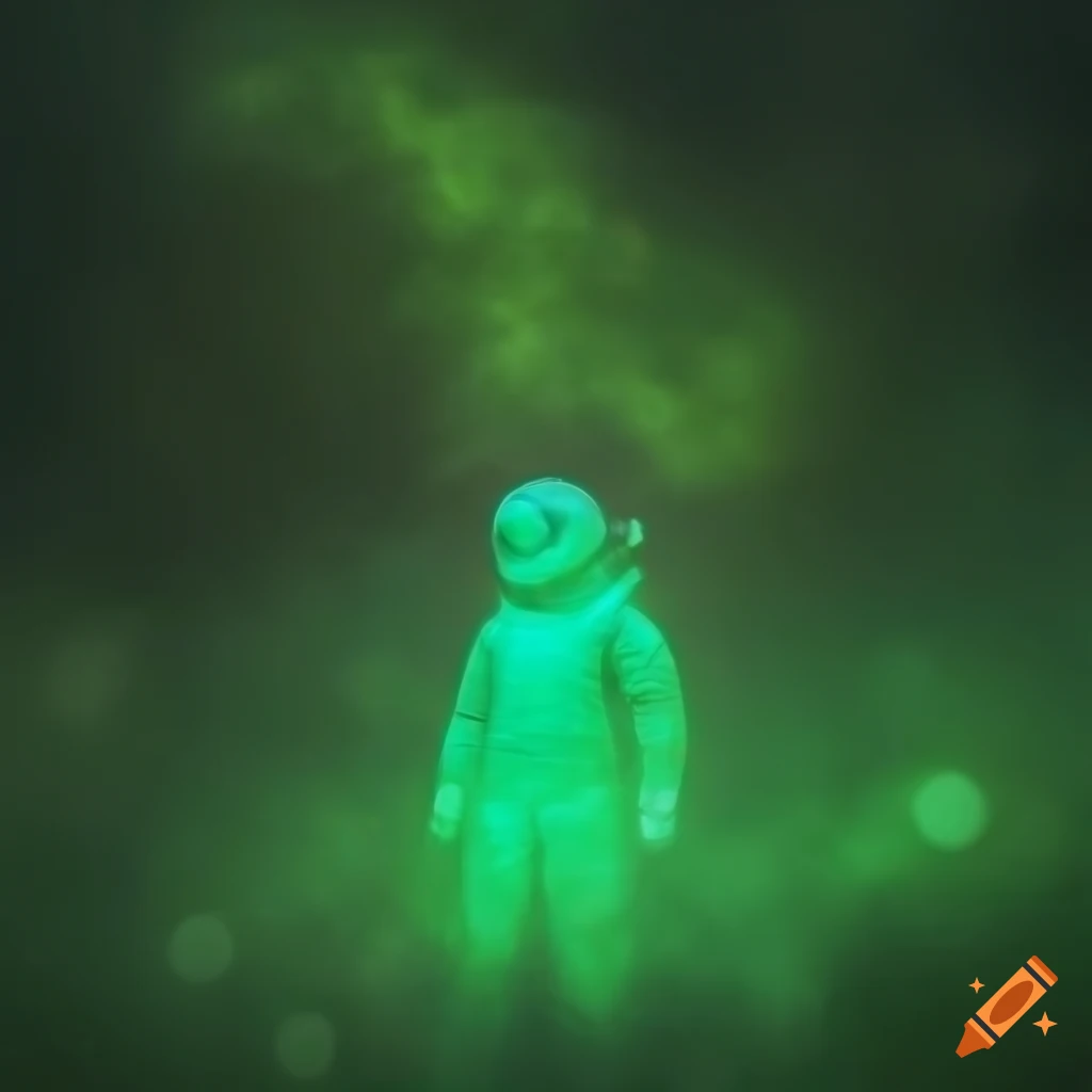 Hyper realistic photo of a spaceman in green haze on Craiyon