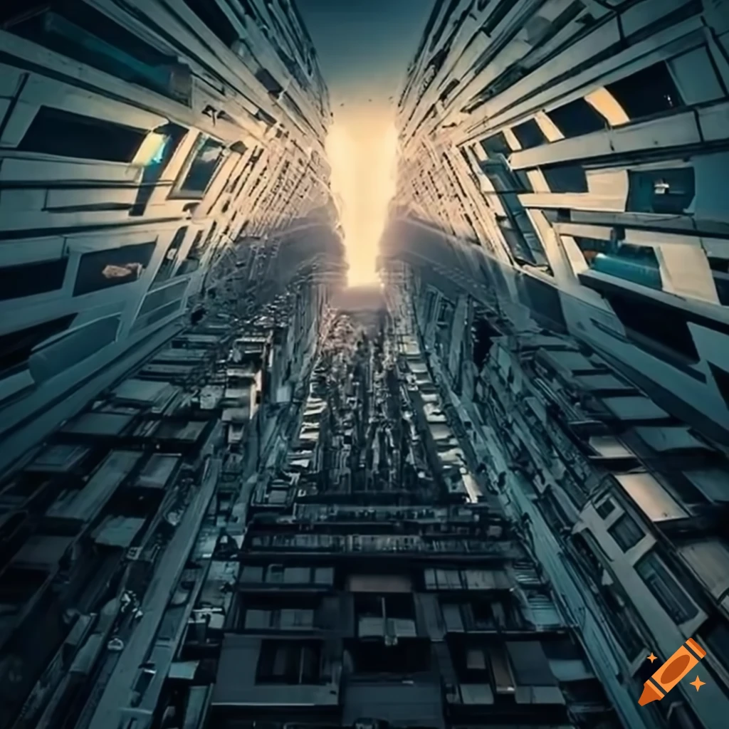 View of a dystopian city from below on Craiyon
