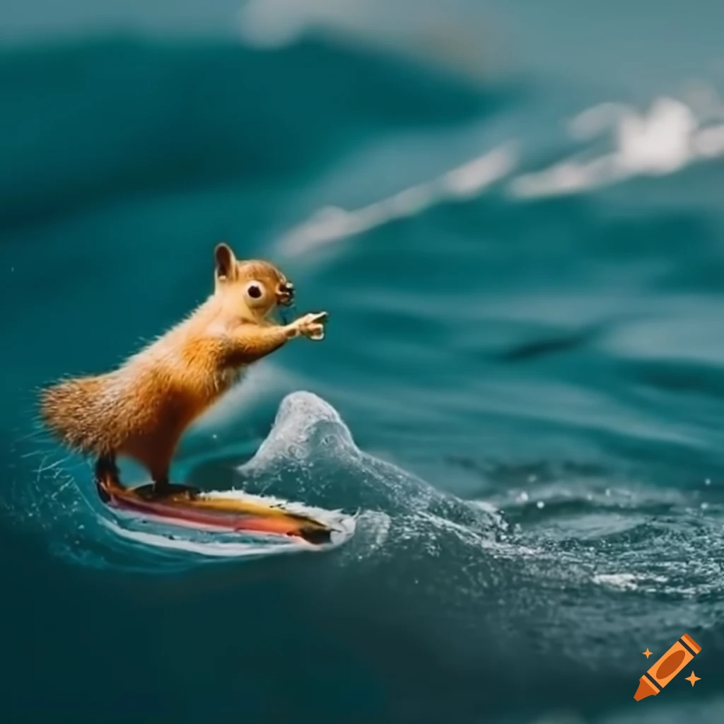Squirrel surfing in the ocean