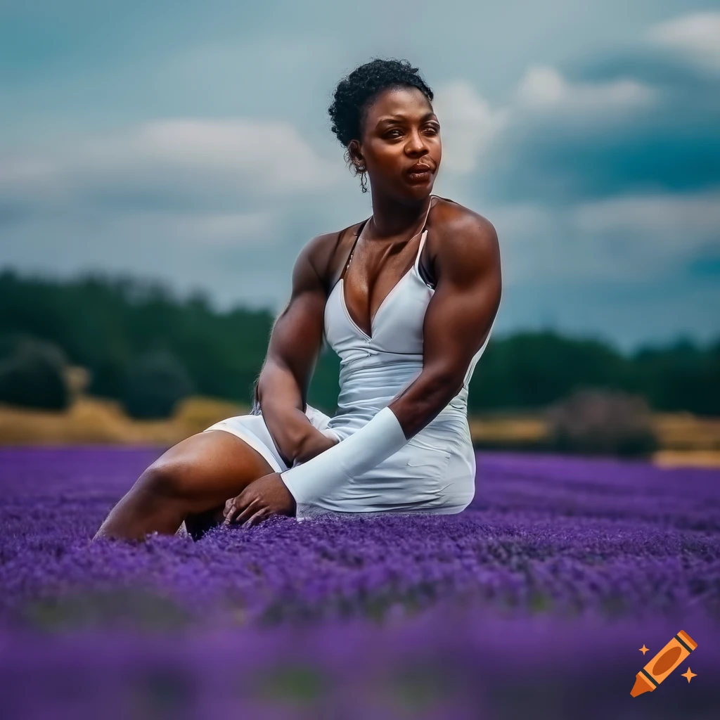 Artistic portrait of a muscular African woman in lavender fields on Craiyon