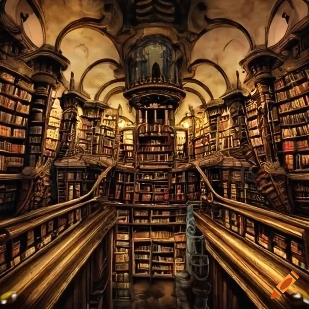 Image of a magical steampunk library with accents of different colors ...