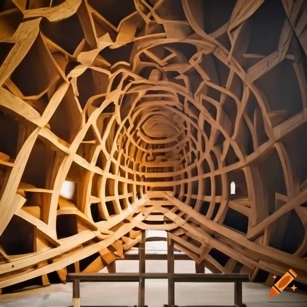 Wooden sculpture frame in an architecture exhibition on Craiyon