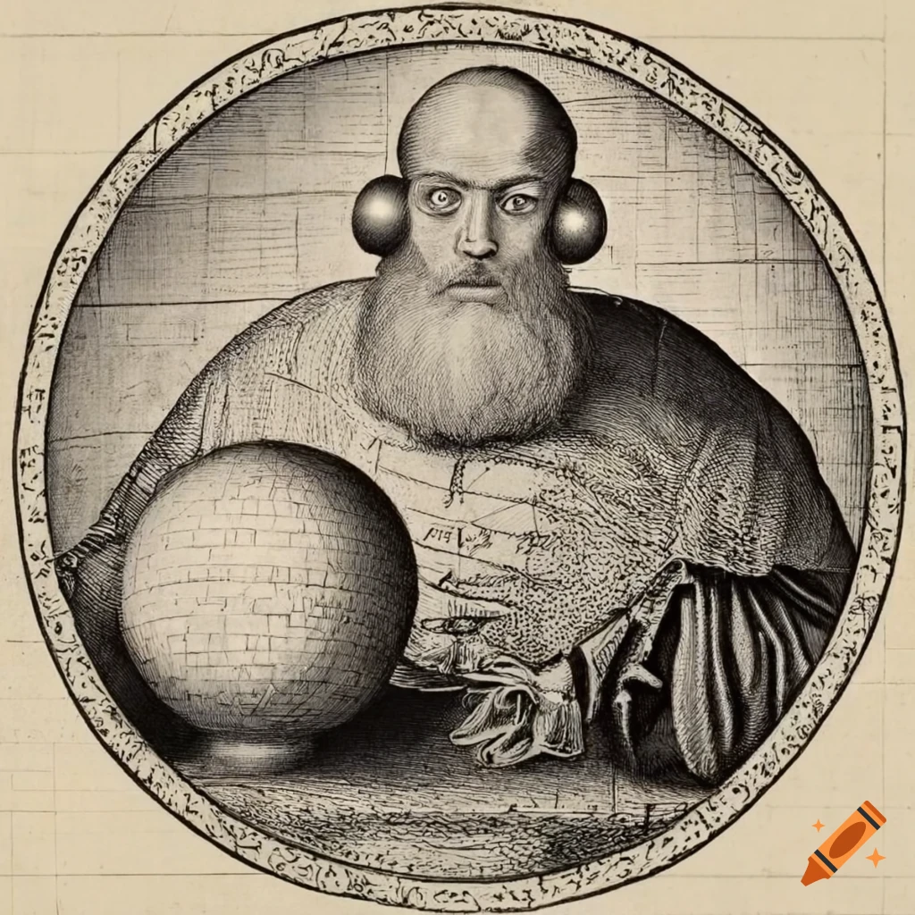 Conceptual art of a bearded man with a computer monitor sphere on Craiyon