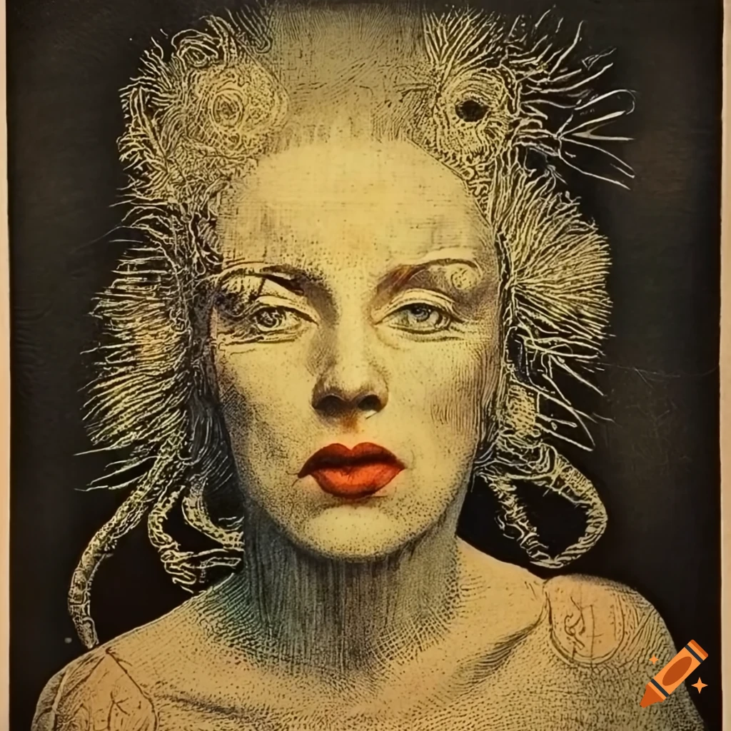 Woodcut portrait of Maryline Monroe by Zdzislaw Beksinski on Craiyon