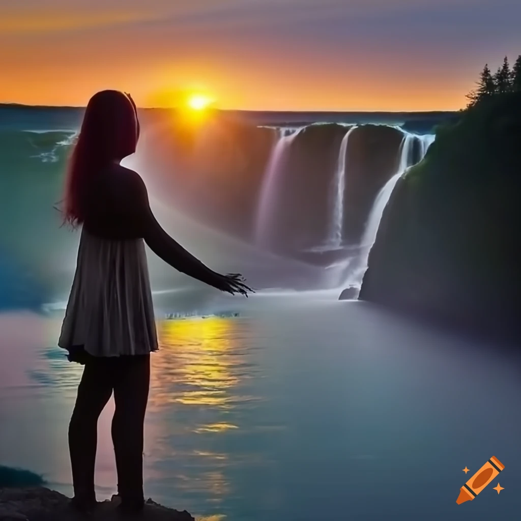 Woman in front of a majestic waterfall at sunset on Craiyon
