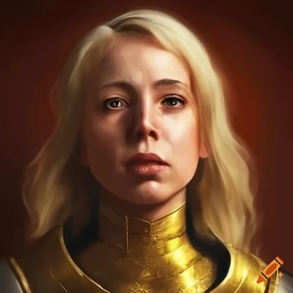 Hyperrealistic golden female knight with a chain whip and golden shield ...