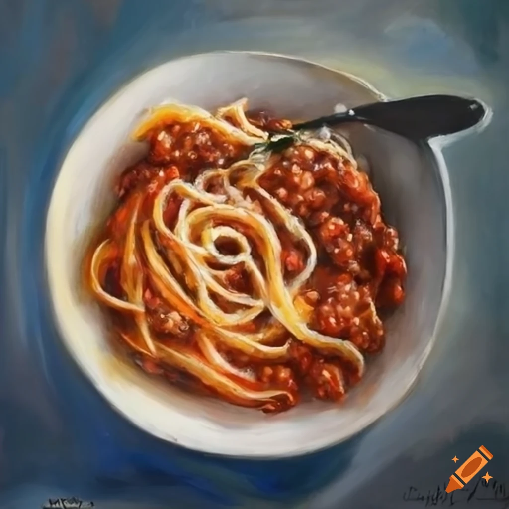 Oil painting of spaghetti bolognese in a white bowl on Craiyon