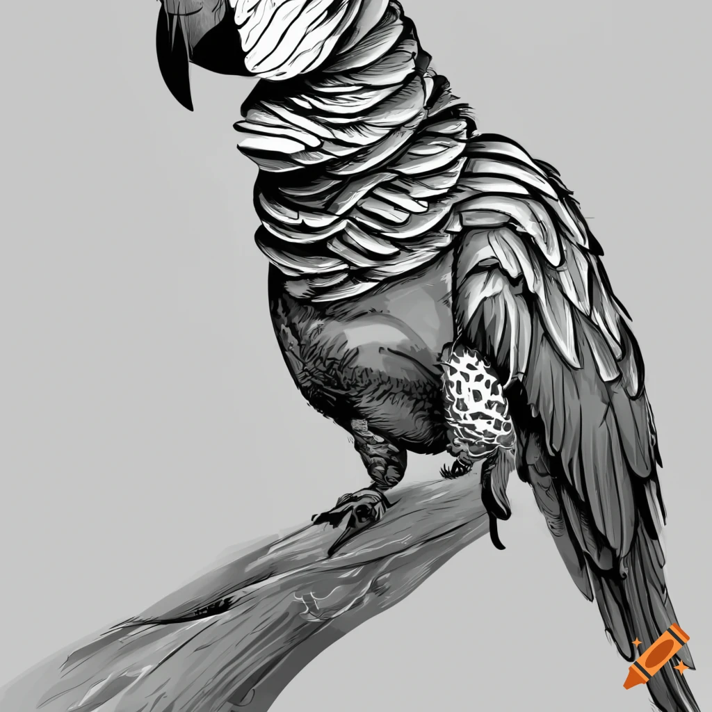 Cartoon-style parrot on a wooden perch on Craiyon