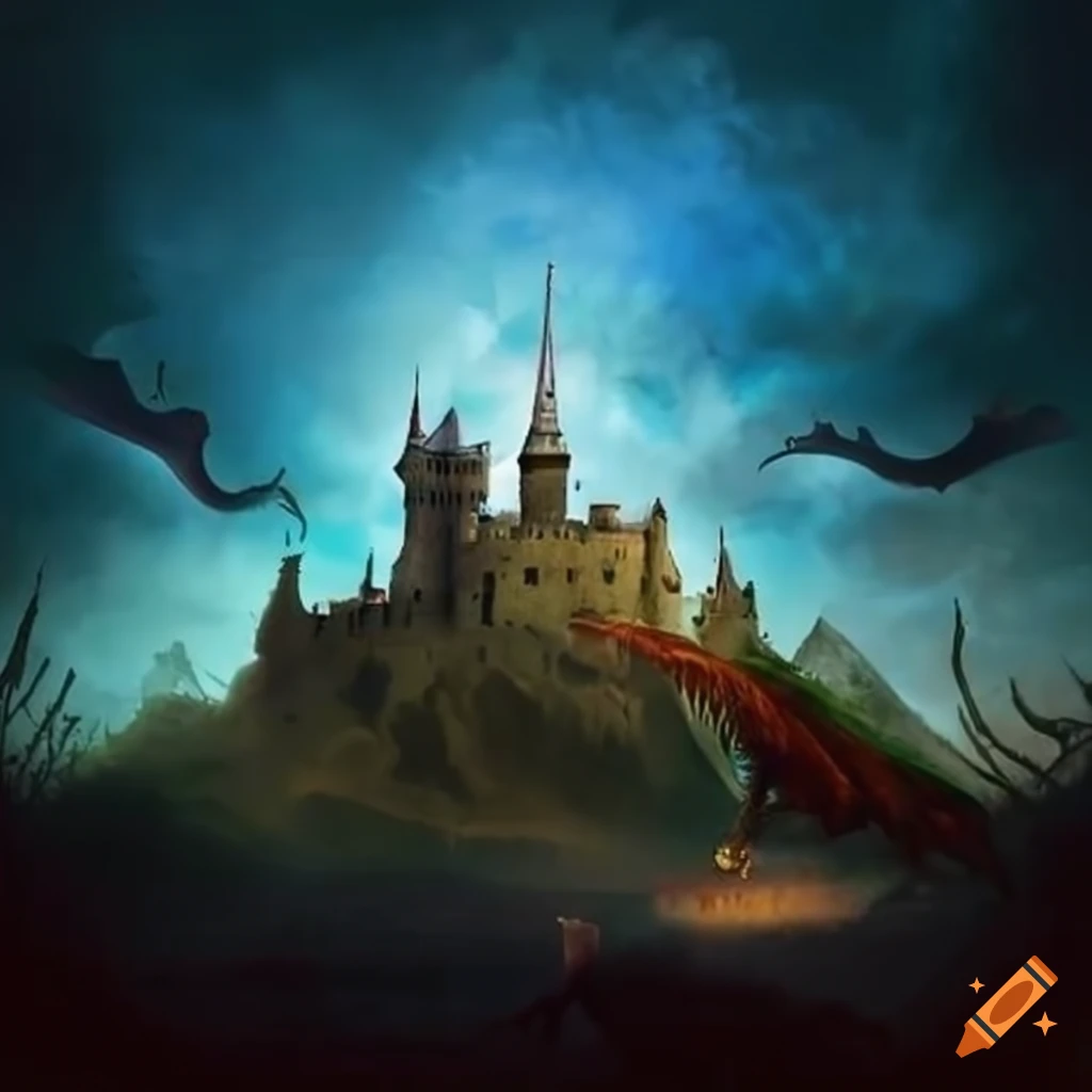 Castle being guarded by dragons on Craiyon